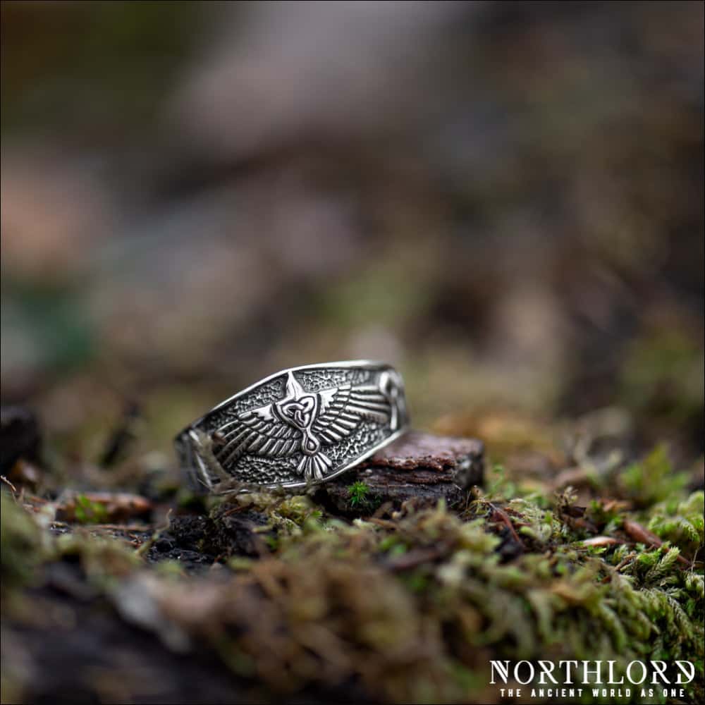 Raven Ring With Hail Odin Script Sterling Silver - Northlord